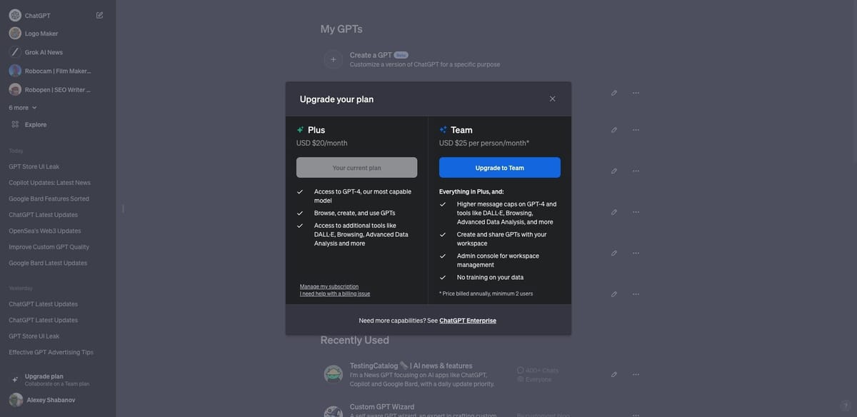 ChatGPT Team plan rolled out along with support form for GPTs