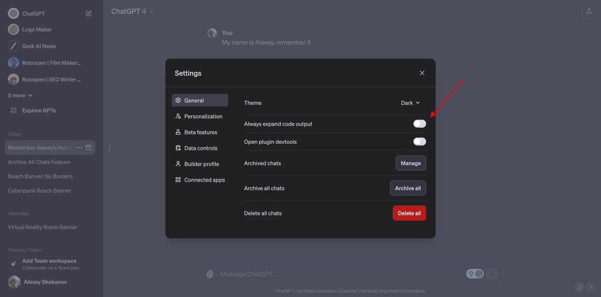 How to Enable 'Always Expand Code Output' in ChatGPT