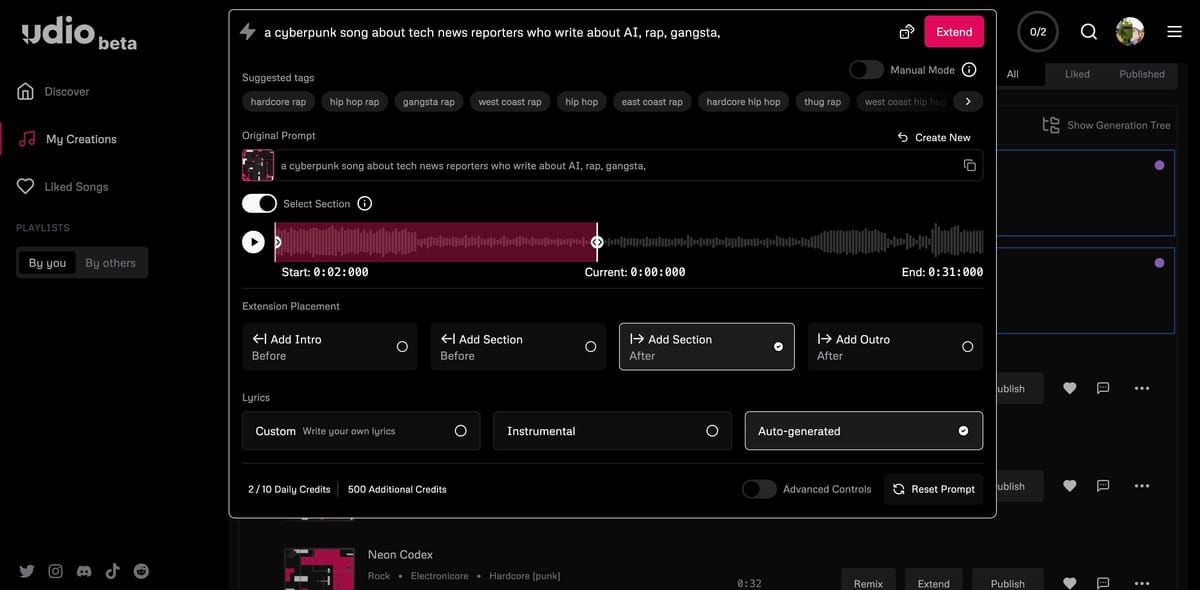 Udio makes audio inpainting available for testing