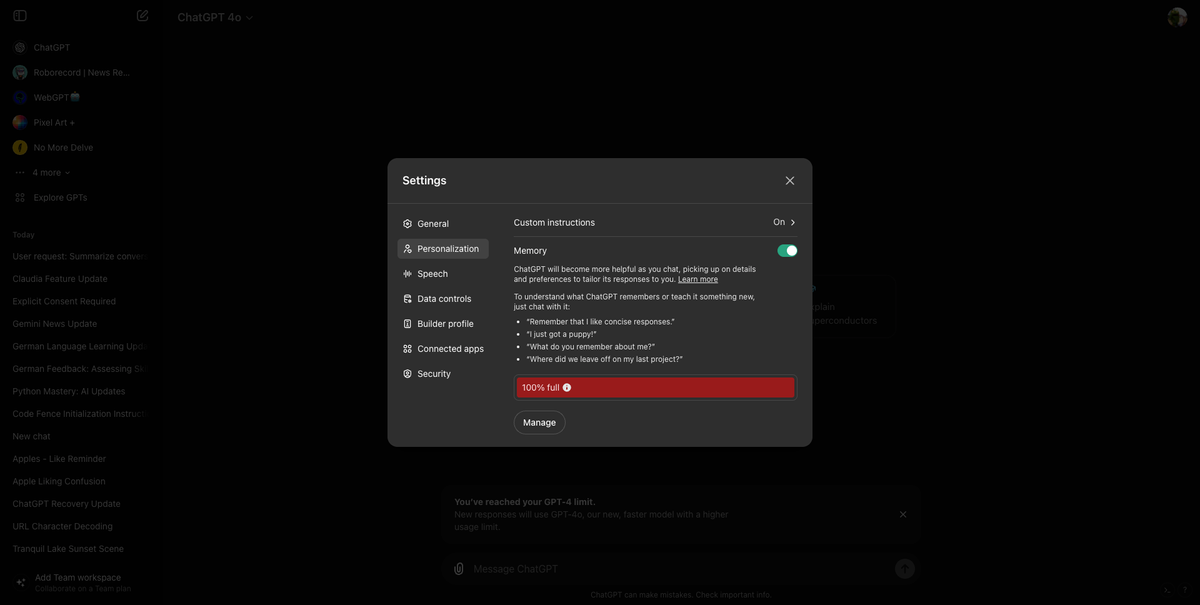 ChatGPT got an updated Memory feature with a capacity indicator