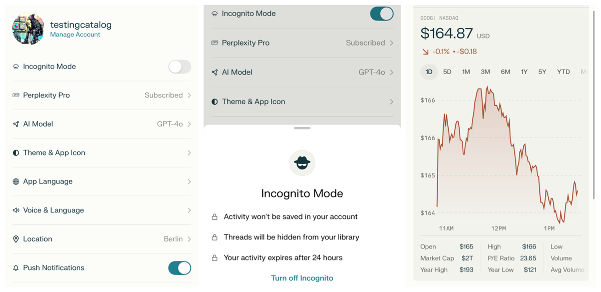 Perplexity iOS app adds incognito mode and financial widgets
