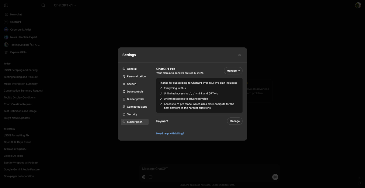 ChatGPT Pro: $200/month plan with unlimited access to full o1
