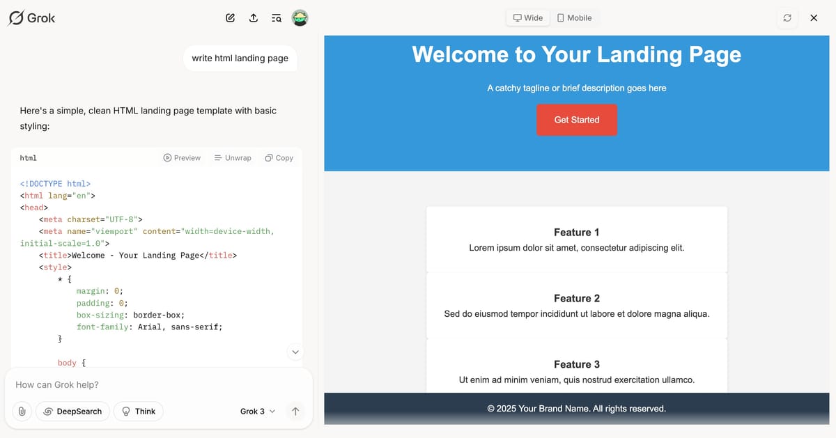 Grok now supports HTML Preview, making coding more interactive