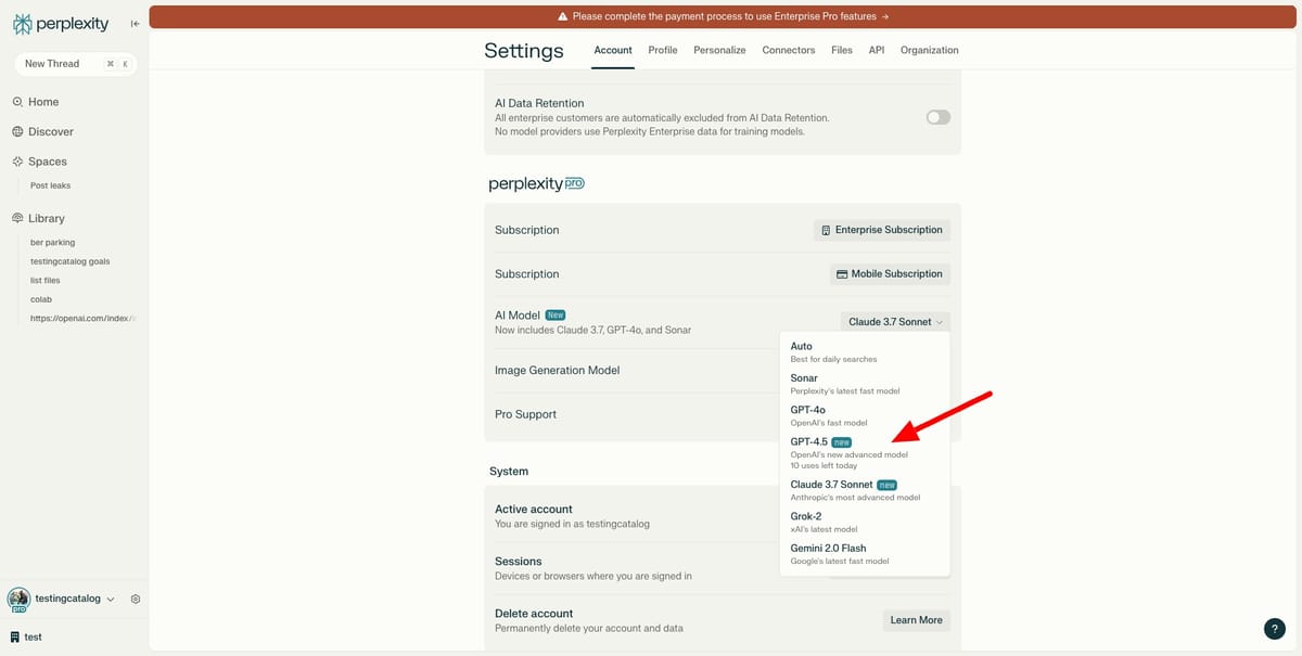 Perplexity rolled out GPT-4.5 integration for Pro users