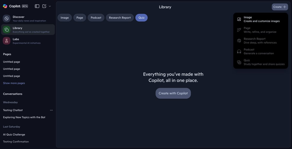 Microsoft tests new categories for upcoming Copilot library