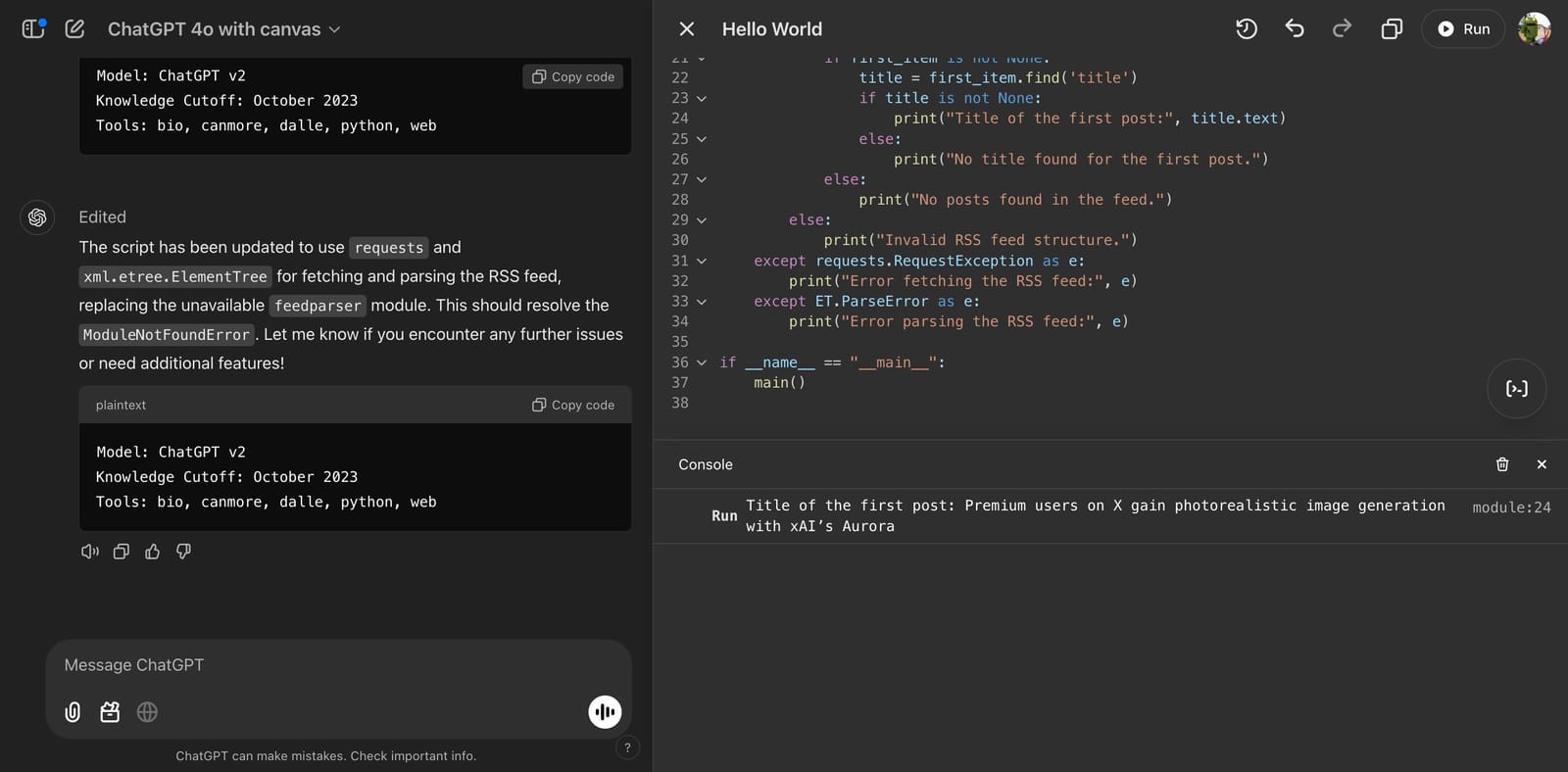 ChatGPT Canvas now supports Python code execution and more