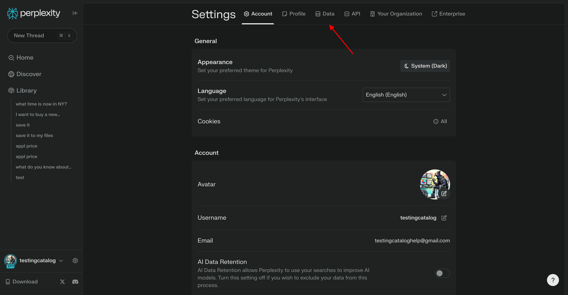 Perplexity keeps working on the Data tab for file management